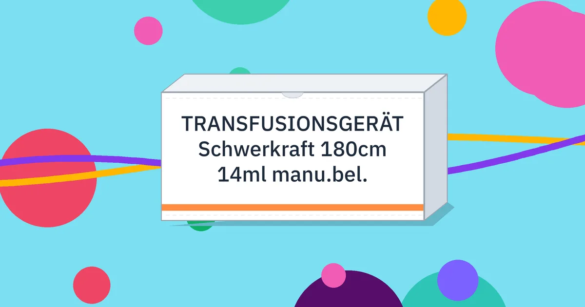Symbolbild: Packung mit der Aufschrift TRANSFUSIONSGERÄT Schwerkraft 180cm 14ml manu.bel. (PZN 18837129) – Verfügbarkeit und Bezug in Apotheken in Frankfurt am Main