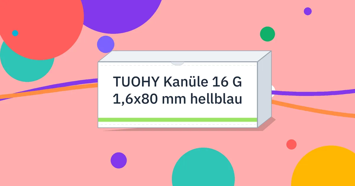 Symbolbild: Packung mit der Aufschrift TUOHY Kanüle 16 G 1,6x80 mm hellblau (PZN 00874414) – Verfügbarkeit und Bezug in Apotheken in Frankfurt am Main