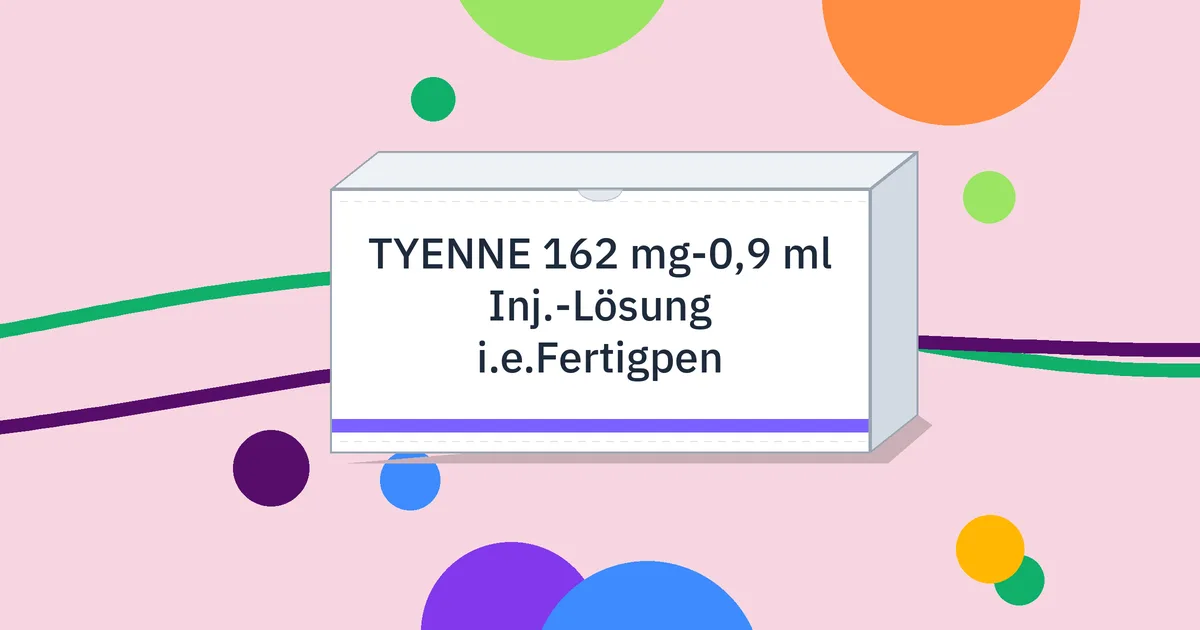 Symbolbild: Packung mit der Aufschrift TYENNE 162 mg-0,9 ml Inj.-Lösung i.e.Fertigpen (PZN 19175883) – Verfügbarkeit und Bezug in Apotheken in Frankfurt am Main