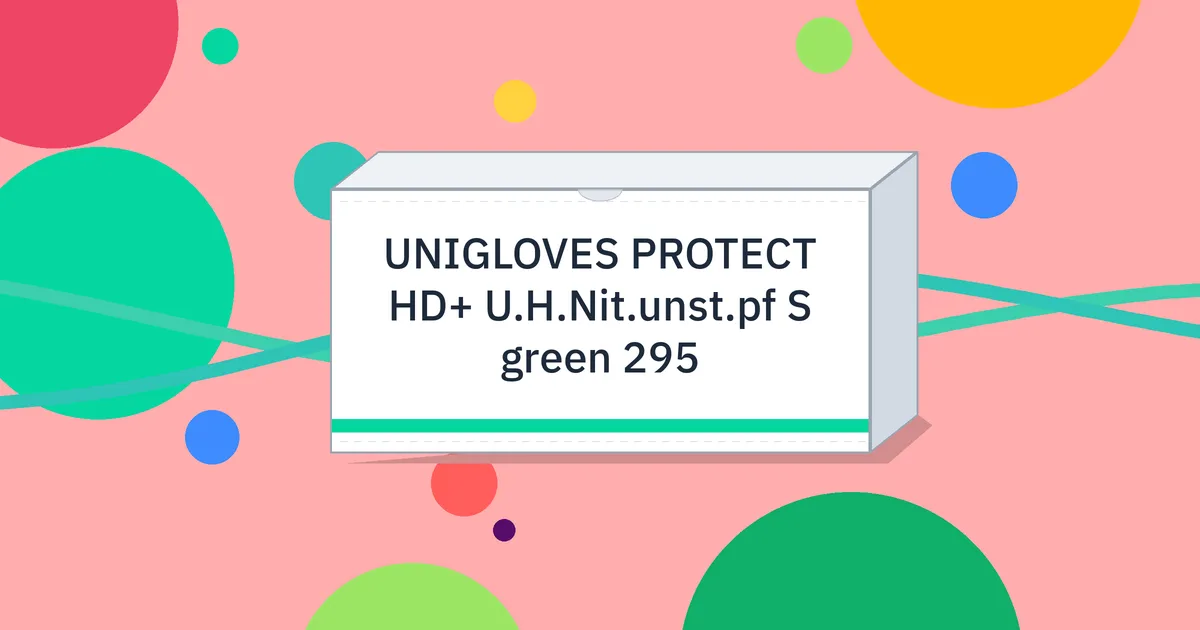 Symbolbild: Packung mit der Aufschrift UNIGLOVES PROTECT HD+ U.H.Nit.unst.pf S green 295 (PZN 20188951) – Verfügbarkeit und Bezug in Apotheken in Frankfurt am Main