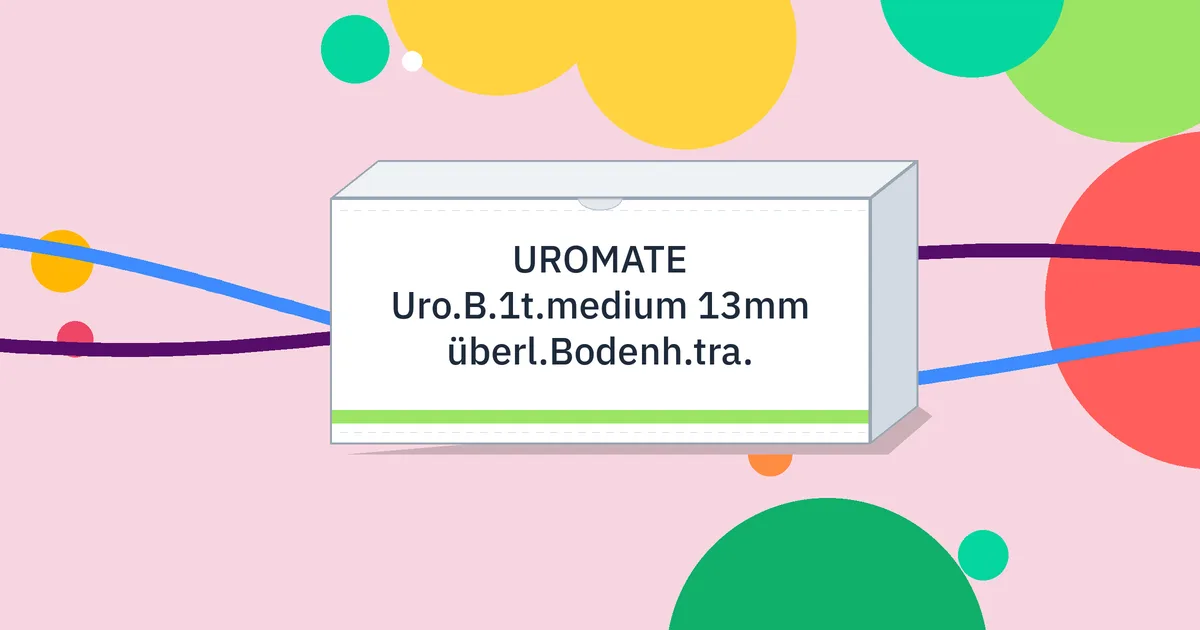 Symbolbild: Packung mit der Aufschrift UROMATE Uro.B.1t.medium 13mm überl.Bodenh.tra. (PZN 06061586) – Verfügbarkeit und Bezug in Apotheken in Frankfurt am Main