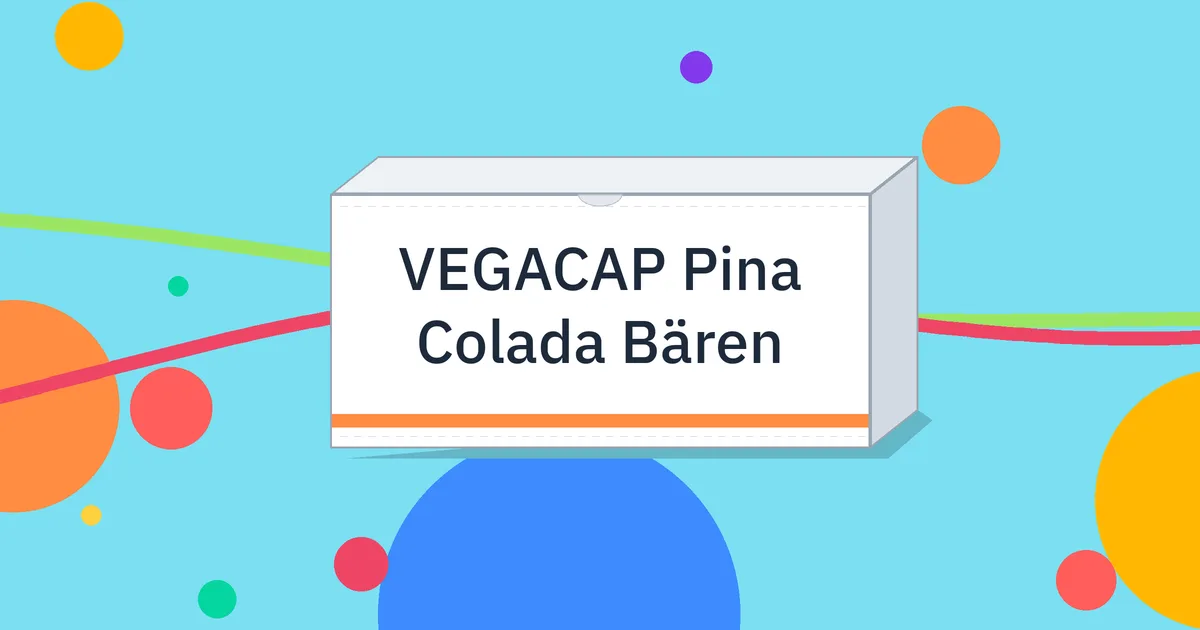 Symbolbild: Packung mit der Aufschrift VEGACAP Pina Colada Bären (PZN 13839773) – Verfügbarkeit und Bezug in Apotheken in Frankfurt am Main