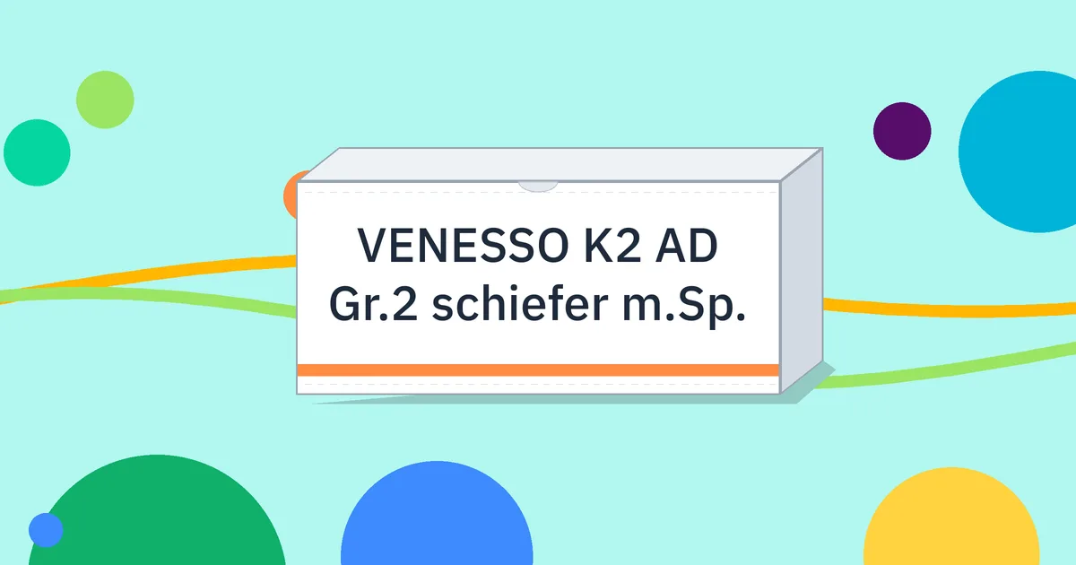 Symbolbild: Packung mit der Aufschrift VENESSO K2 AD Gr.2 schiefer m.Sp. (PZN 03258331) – Verfügbarkeit und Bezug in Apotheken in Frankfurt am Main