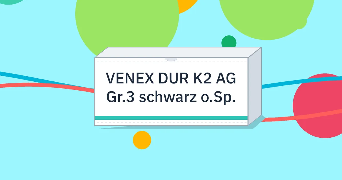 Symbolbild: Packung mit der Aufschrift VENEX DUR K2 AG Gr.3 schwarz o.Sp. (PZN 03217533) – Verfügbarkeit und Bezug in Apotheken in Frankfurt am Main