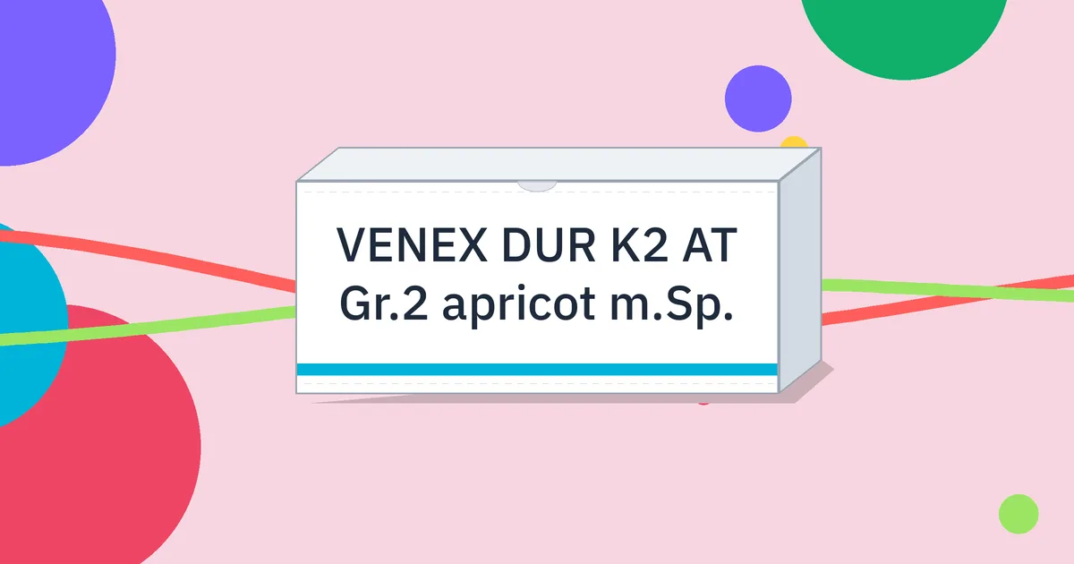 Symbolbild: Packung mit der Aufschrift VENEX DUR K2 AT Gr.2 apricot m.Sp. (PZN 03221865) – Verfügbarkeit und Bezug in Apotheken in Frankfurt am Main