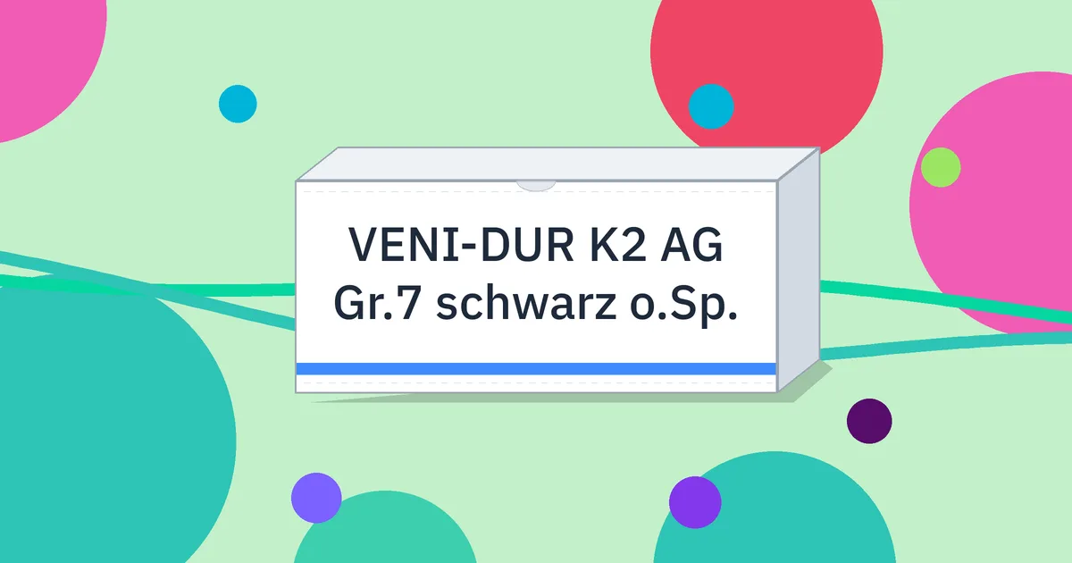 Symbolbild: Packung mit der Aufschrift VENI-DUR K2 AG Gr.7 schwarz o.Sp. (PZN 03246345) – Verfügbarkeit und Bezug in Apotheken in Frankfurt am Main