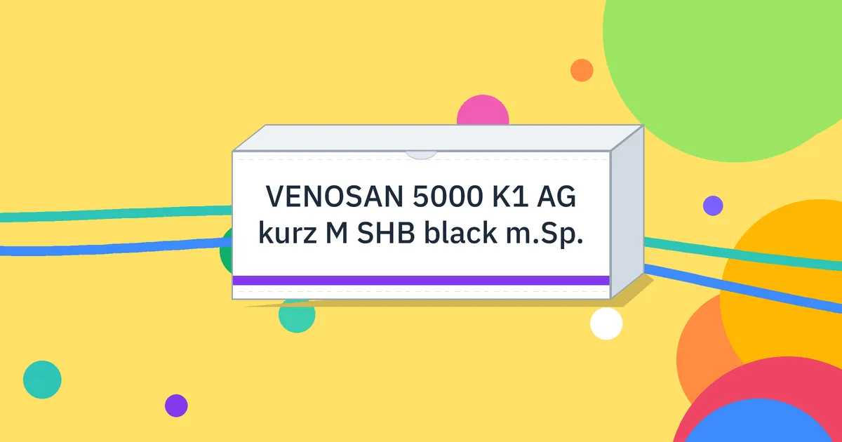 Symbolbild: Packung mit der Aufschrift VENOSAN 5000 K1 AG kurz M SHB black m.Sp. (PZN 14432950) – Verfügbarkeit und Bezug in Apotheken in Frankfurt am Main