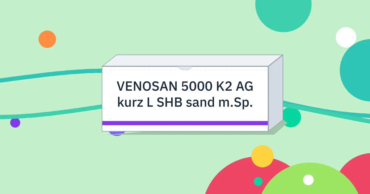 Symbolbild: Packung mit der Aufschrift VENOSAN 5000 K2 AG kurz L SHB sand m.Sp. (PZN 14428931) – Verfügbarkeit und Bezug in Apotheken in Frankfurt am Main