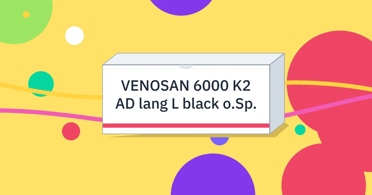 Symbolbild: Packung mit der Aufschrift VENOSAN 6000 K2 AD lang L black o.Sp. (PZN 17172403) – Verfügbarkeit und Bezug in Apotheken in Frankfurt am Main