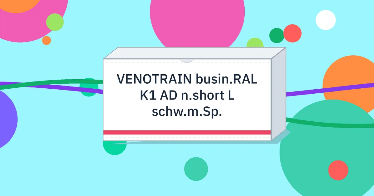Symbolbild: Packung mit der Aufschrift VENOTRAIN busin.RAL K1 AD n.short L schw.m.Sp. (PZN 06948622) – Verfügbarkeit und Bezug in Apotheken in Frankfurt am Main