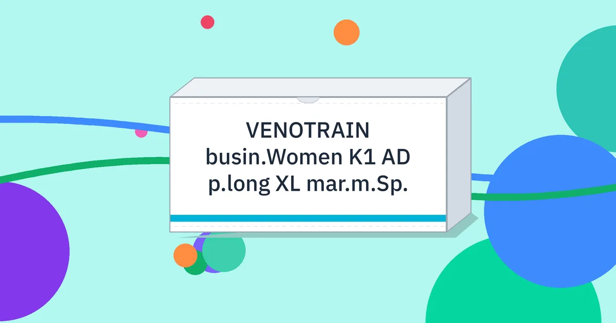 Symbolbild: Packung mit der Aufschrift VENOTRAIN busin.Women K1 AD p.long XL mar.m.Sp. (PZN 10195163) – Verfügbarkeit und Bezug in Apotheken in Frankfurt am Main