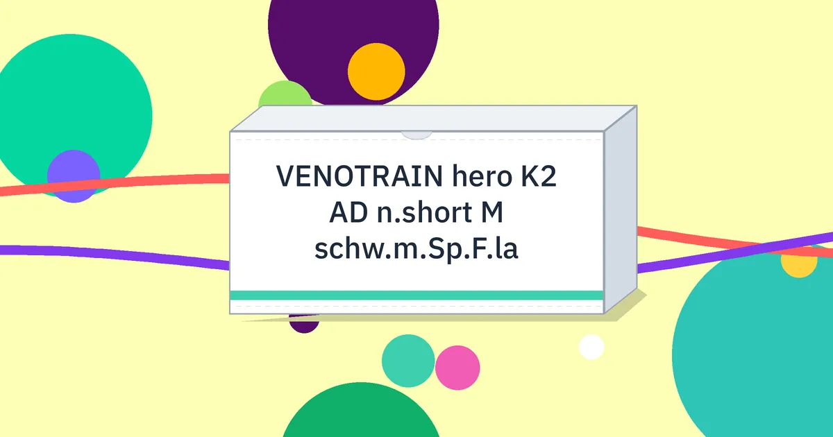 Symbolbild: Packung mit der Aufschrift VENOTRAIN hero K2 AD n.short M schw.m.Sp.F.la (PZN 19189862) – Verfügbarkeit und Bezug in Apotheken in Frankfurt am Main