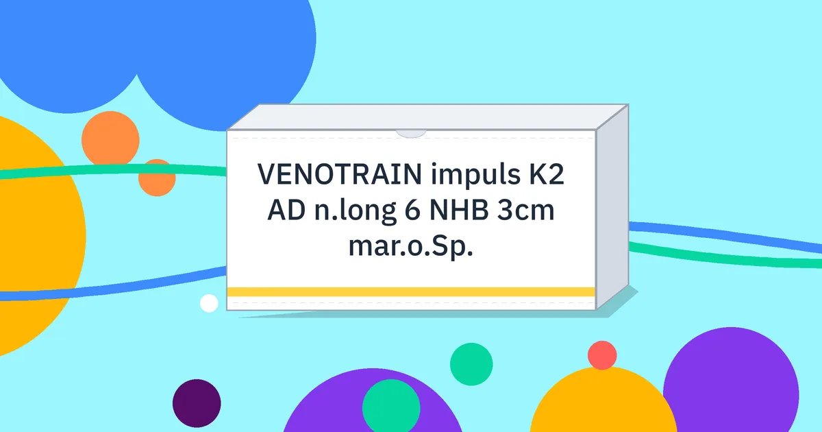 Symbolbild: Packung mit der Aufschrift VENOTRAIN impuls K2 AD n.long 6 NHB 3cm mar.o.Sp. (PZN 15223846) – Verfügbarkeit und Bezug in Apotheken in Frankfurt am Main
