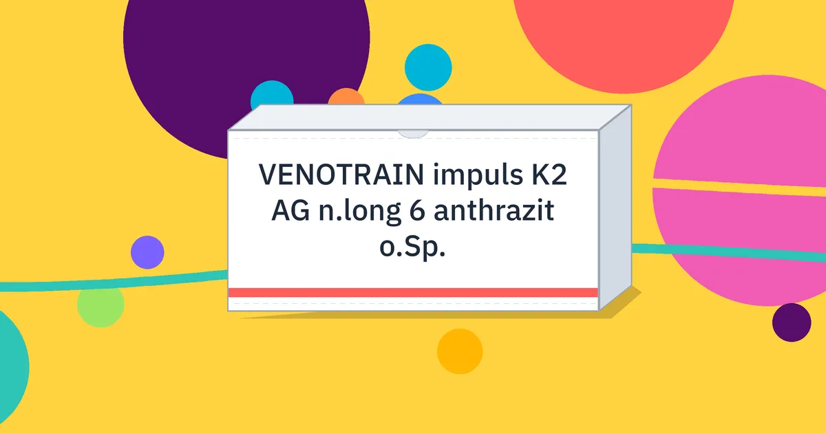 Symbolbild: Packung mit der Aufschrift VENOTRAIN impuls K2 AG n.long 6 anthrazit o.Sp. (PZN 15212653) – Verfügbarkeit und Bezug in Apotheken in Frankfurt am Main