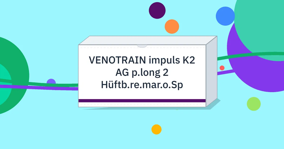Symbolbild: Packung mit der Aufschrift VENOTRAIN impuls K2 AG p.long 2 Hüftb.re.mar.o.Sp (PZN 15216898) – Verfügbarkeit und Bezug in Apotheken in Frankfurt am Main
