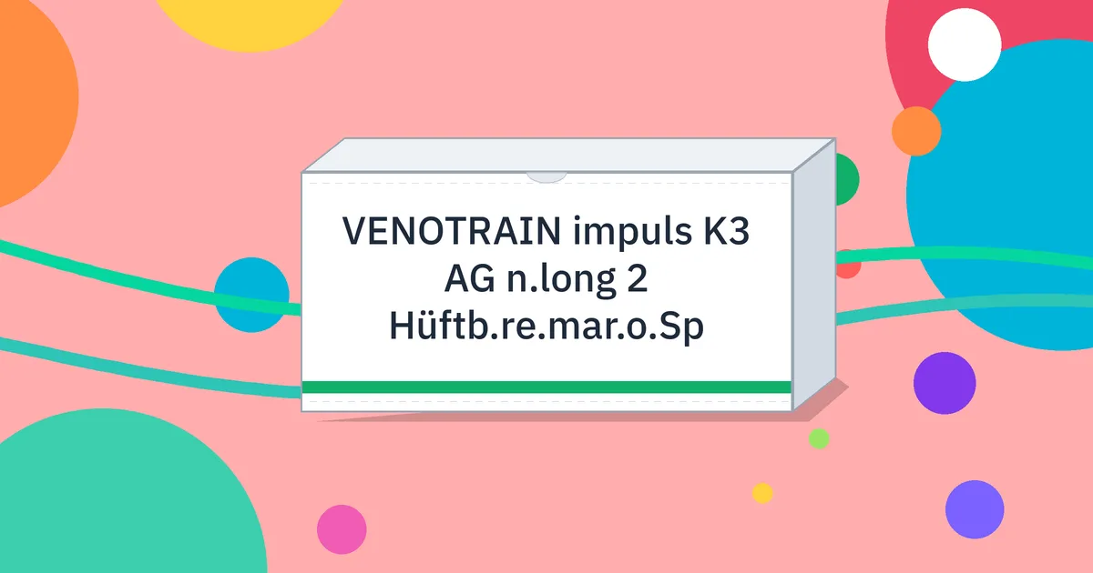 Symbolbild: Packung mit der Aufschrift VENOTRAIN impuls K3 AG n.long 2 Hüftb.re.mar.o.Sp (PZN 15217892) – Verfügbarkeit und Bezug in Apotheken in Frankfurt am Main