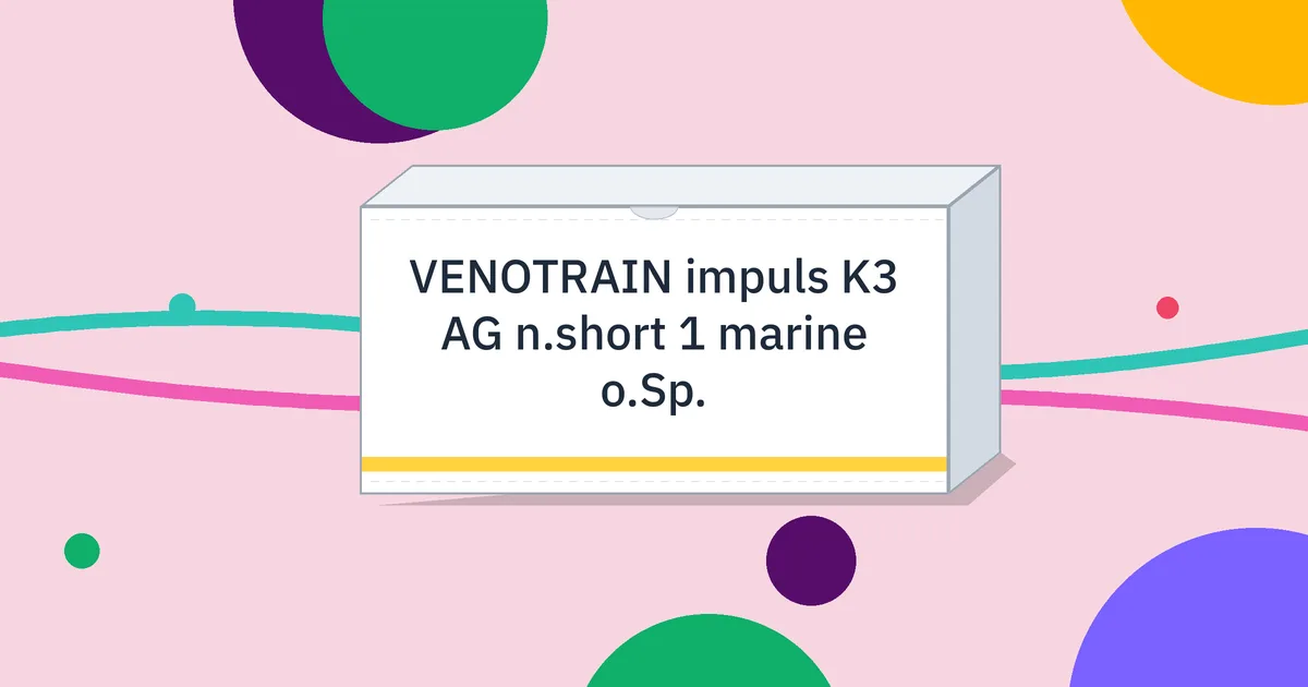 Symbolbild: Packung mit der Aufschrift VENOTRAIN impuls K3 AG n.short 1 marine o.Sp. (PZN 15213109) – Verfügbarkeit und Bezug in Apotheken in Frankfurt am Main