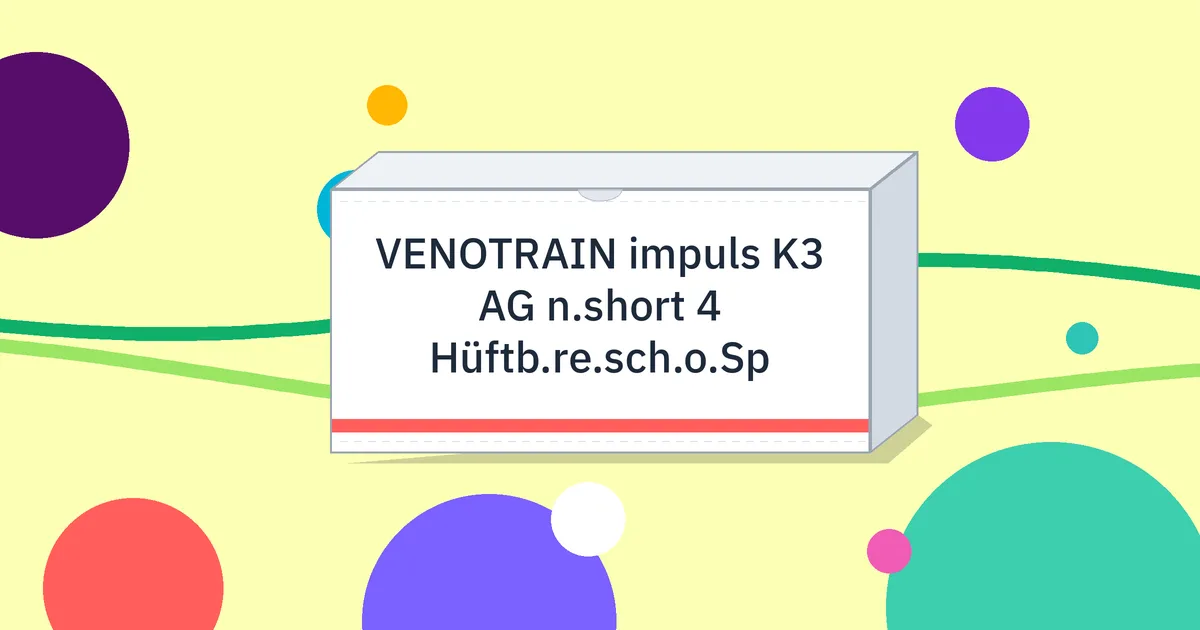 Symbolbild: Packung mit der Aufschrift VENOTRAIN impuls K3 AG n.short 4 Hüftb.re.sch.o.Sp (PZN 10294095) – Verfügbarkeit und Bezug in Apotheken in Frankfurt am Main