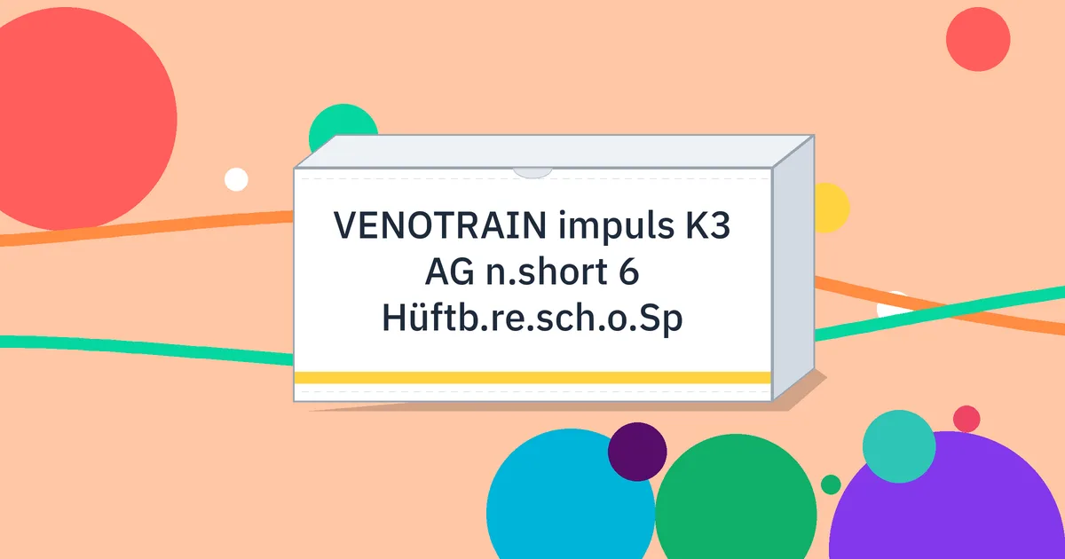 Symbolbild: Packung mit der Aufschrift VENOTRAIN impuls K3 AG n.short 6 Hüftb.re.sch.o.Sp (PZN 10294126) – Verfügbarkeit und Bezug in Apotheken in Frankfurt am Main