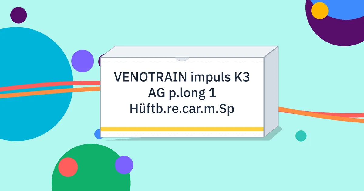 Symbolbild: Packung mit der Aufschrift VENOTRAIN impuls K3 AG p.long 1 Hüftb.re.car.m.Sp (PZN 10293693) – Verfügbarkeit und Bezug in Apotheken in Frankfurt am Main