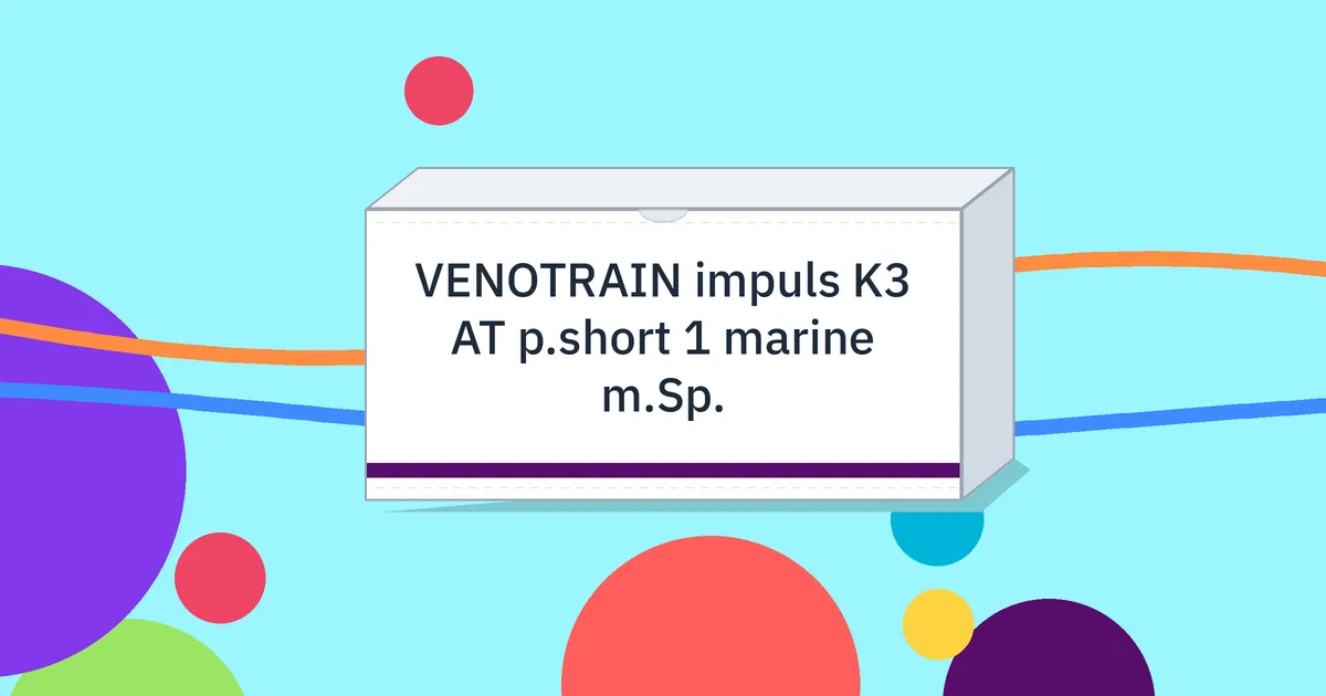 Symbolbild: Packung mit der Aufschrift VENOTRAIN impuls K3 AT p.short 1 marine m.Sp. (PZN 19355668) – Verfügbarkeit und Bezug in Apotheken in Frankfurt am Main