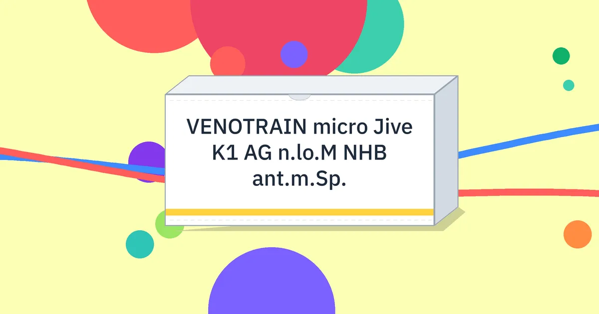 Symbolbild: Packung mit der Aufschrift VENOTRAIN micro Jive K1 AG n.lo.M NHB ant.m.Sp. (PZN 17766516) – Verfügbarkeit und Bezug in Apotheken in Frankfurt am Main