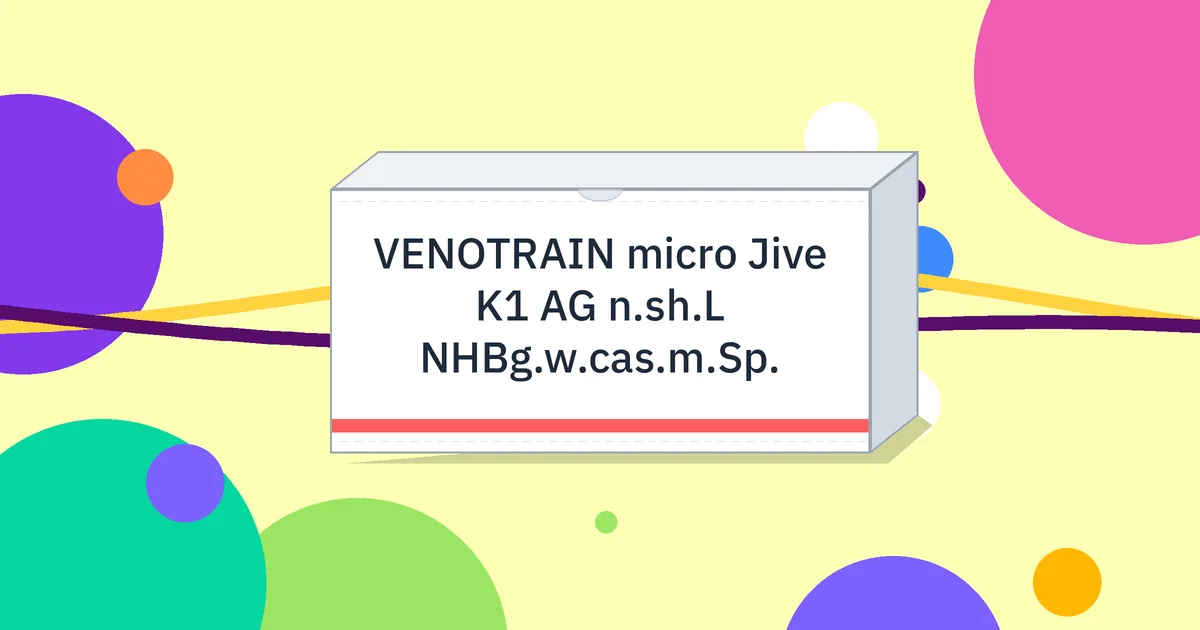 Symbolbild: Packung mit der Aufschrift VENOTRAIN micro Jive K1 AG n.sh.L NHBg.w.cas.m.Sp. (PZN 20767821) – Verfügbarkeit und Bezug in Apotheken in Frankfurt am Main