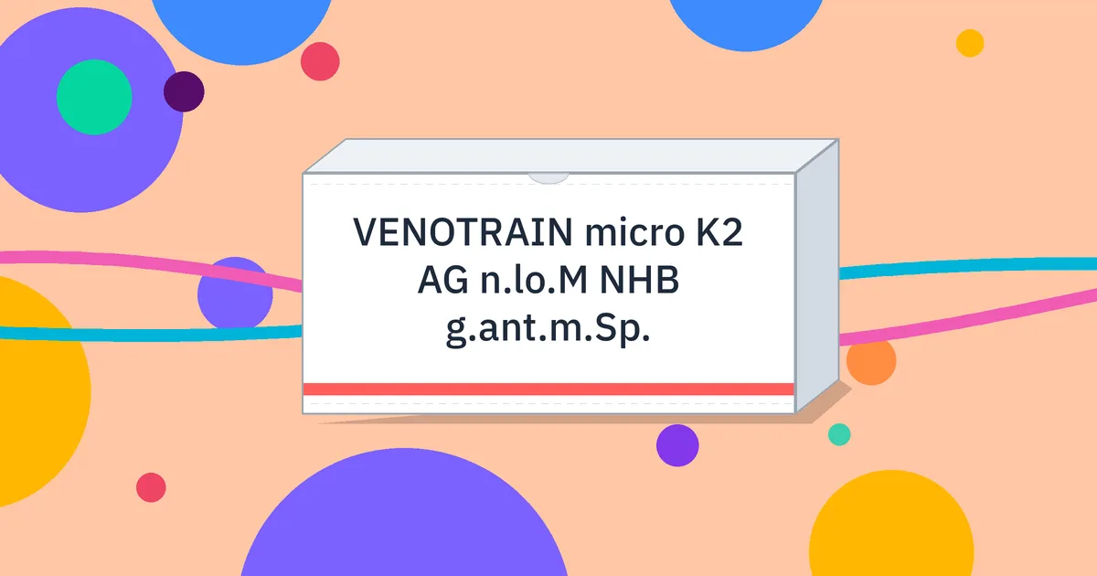 Symbolbild: Packung mit der Aufschrift VENOTRAIN micro K2 AG n.lo.M NHB g.ant.m.Sp. (PZN 11062464) – Verfügbarkeit und Bezug in Apotheken in Frankfurt am Main