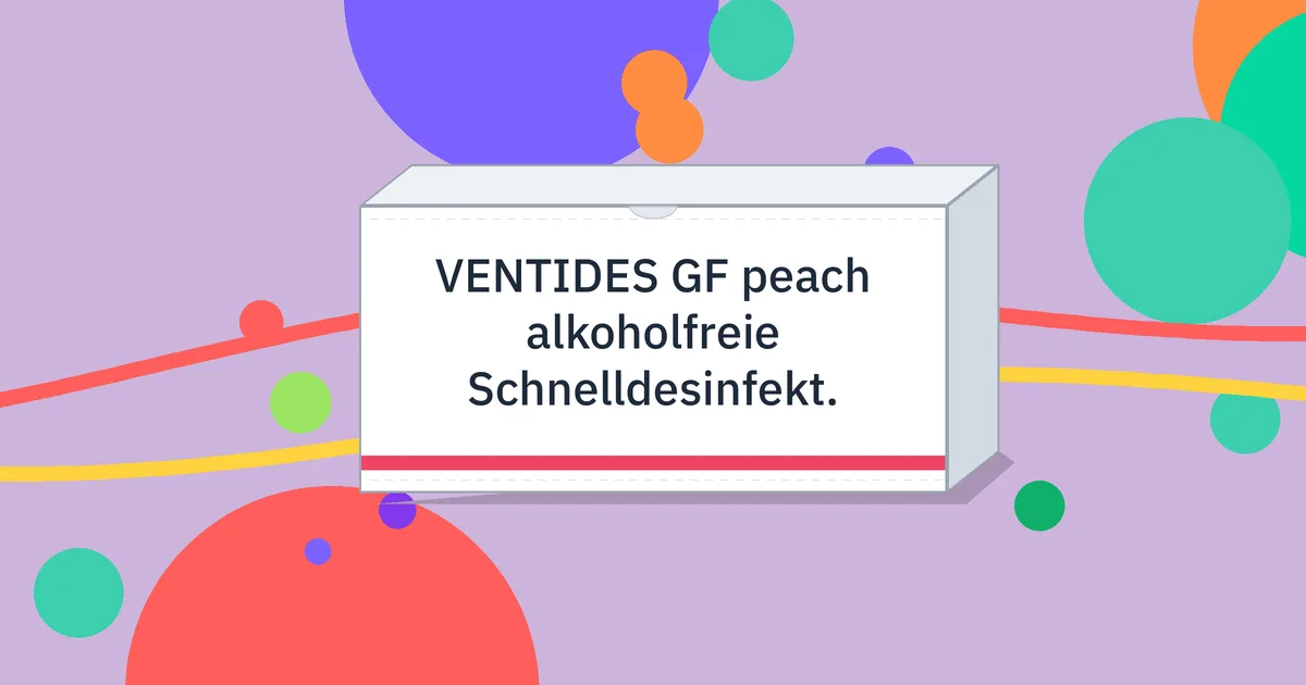 Symbolbild: Packung mit der Aufschrift VENTIDES GF peach alkoholfreie Schnelldesinfekt. (PZN 08759730) – Verfügbarkeit und Bezug in Apotheken in Frankfurt am Main