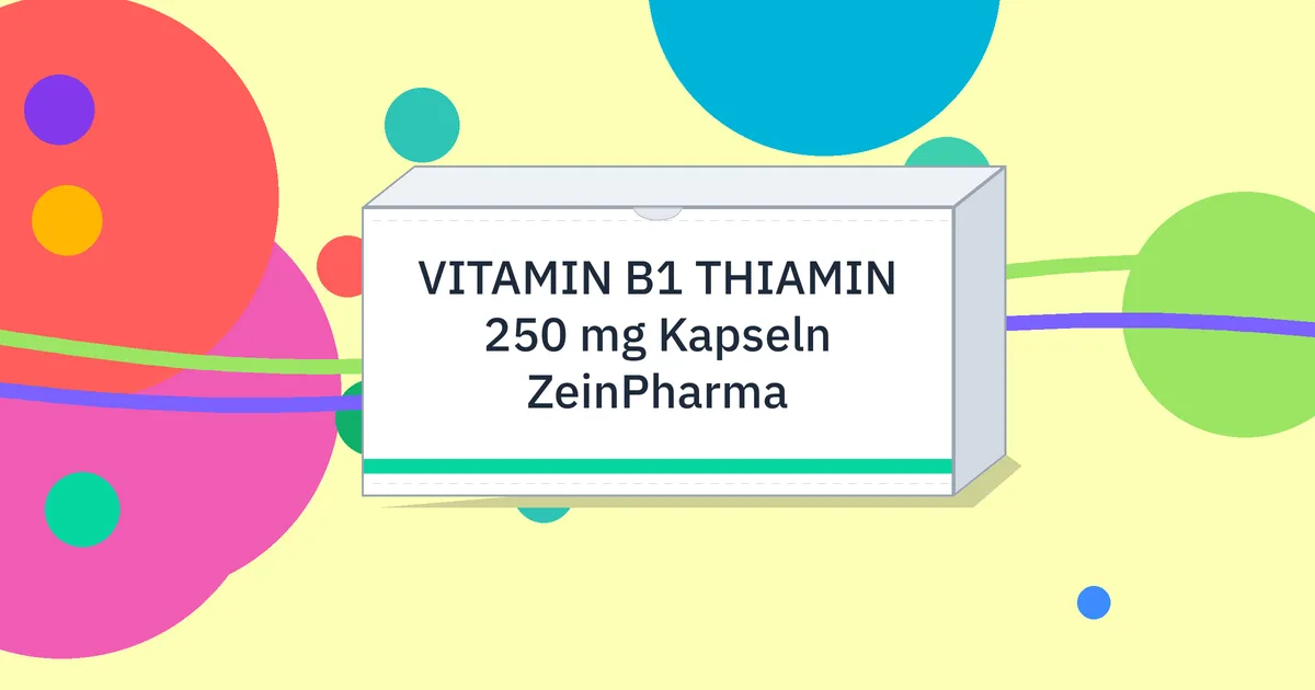 Symbolbild: Packung mit der Aufschrift VITAMIN B1 THIAMIN 250 mg Kapseln ZeinPharma (PZN 19371590) – Verfügbarkeit und Bezug in Apotheken in Frankfurt am Main