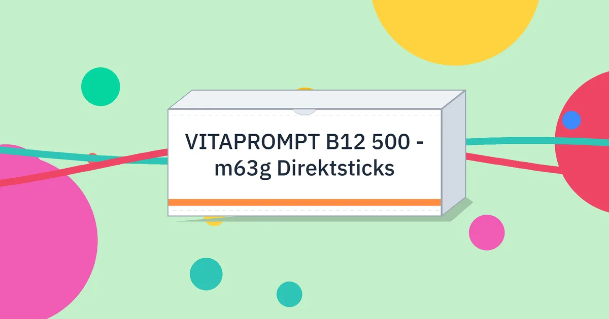 Symbolbild: Packung mit der Aufschrift VITAPROMPT B12 500 -m63g Direktsticks (PZN 19690444) – Verfügbarkeit und Bezug in Apotheken in Frankfurt am Main
