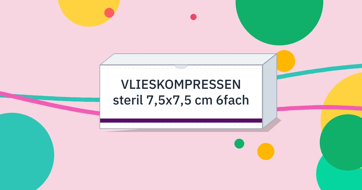 Symbolbild: Packung mit der Aufschrift VLIESKOMPRESSEN steril 7,5x7,5 cm 6fach (PZN 11860332) – Verfügbarkeit und Bezug in Apotheken in Frankfurt am Main