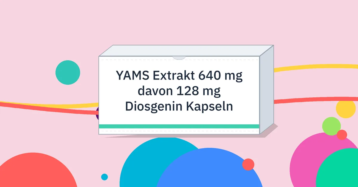 Symbolbild: Packung mit der Aufschrift YAMS Extrakt 640 mg davon 128 mg Diosgenin Kapseln (PZN 15738444) – Verfügbarkeit und Bezug in Apotheken in Frankfurt am Main