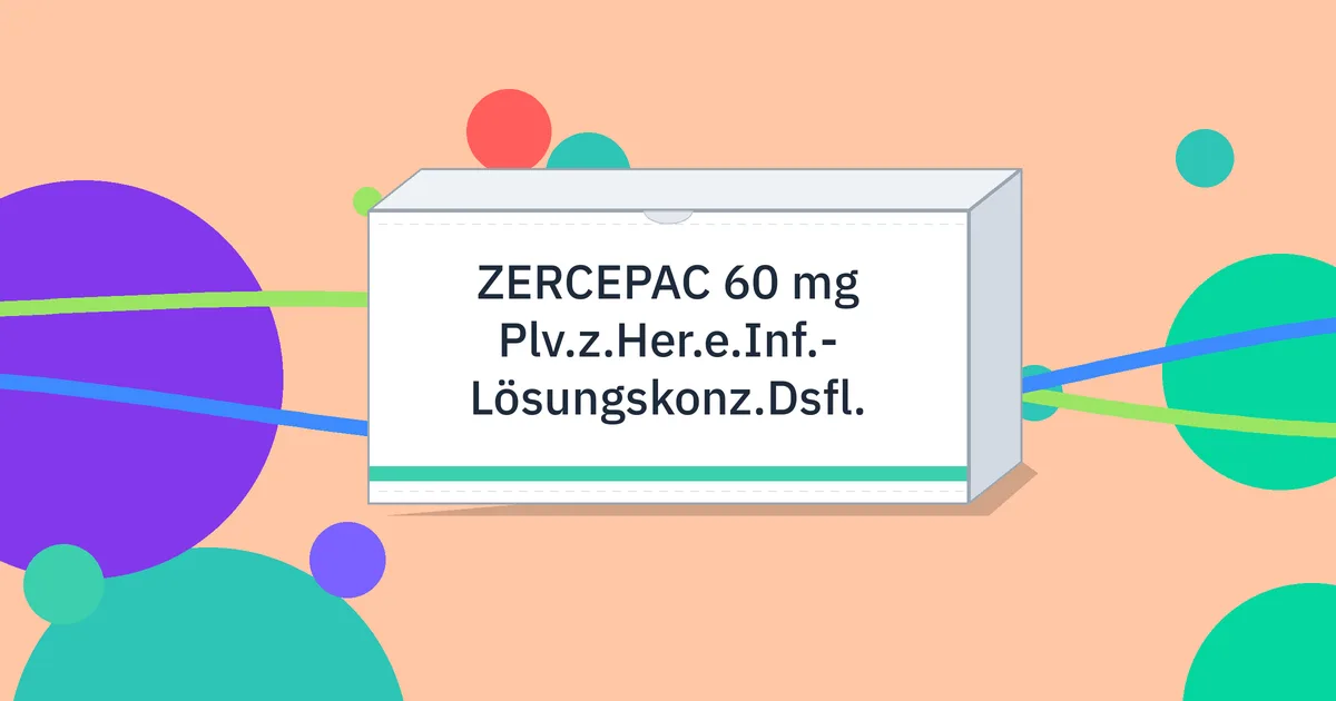 Symbolbild: Packung mit der Aufschrift ZERCEPAC 60 mg Plv.z.Her.e.Inf.-Lösungskonz.Dsfl. (PZN 16768080) – Verfügbarkeit und Bezug in Apotheken in Frankfurt am Main