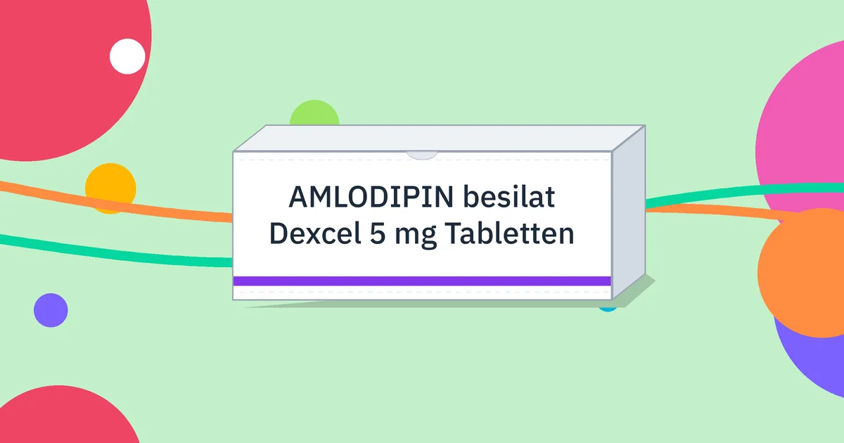 Symbolbild: Packung mit der Aufschrift AMLODIPIN besilat Dexcel 5 mg Tabletten (PZN 08454456) – Verfügbarkeit und Bezug in Apotheken in Frankfurt am Main