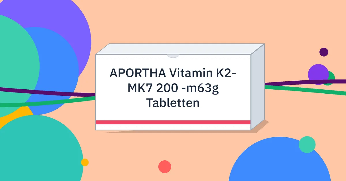 Symbolbild: Packung mit der Aufschrift APORTHA Vitamin K2-MK7 200 -m63g Tabletten (PZN 13343256) – Verfügbarkeit und Bezug in Apotheken in Frankfurt am Main
