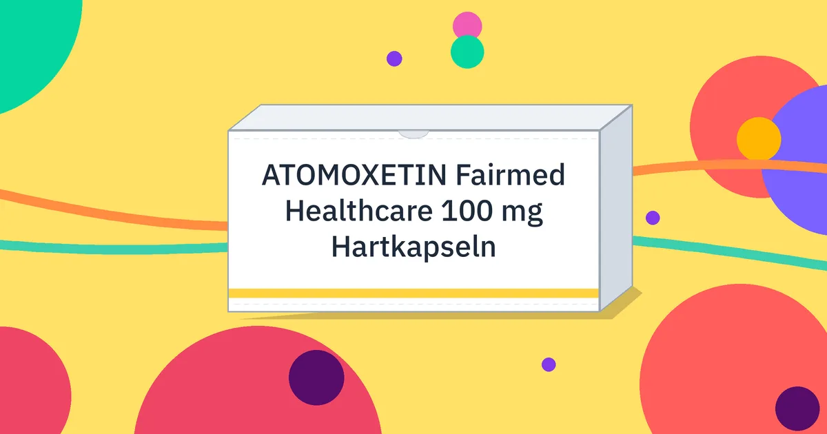 Symbolbild: Packung mit der Aufschrift ATOMOXETIN Fairmed Healthcare 100 mg Hartkapseln (PZN 16581594) – Verfügbarkeit und Bezug in Apotheken in Frankfurt am Main