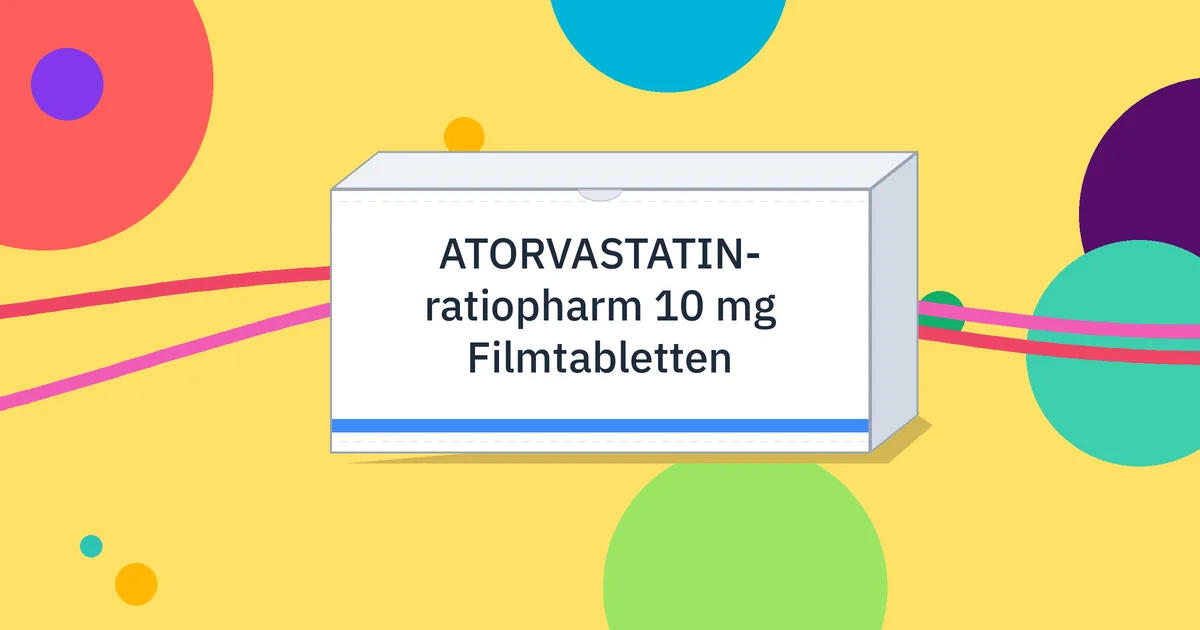 Symbolbild: Packung mit der Aufschrift ATORVASTATIN-ratiopharm 10 mg Filmtabletten (PZN 09292783) – Verfügbarkeit und Bezug in Apotheken in Frankfurt am Main