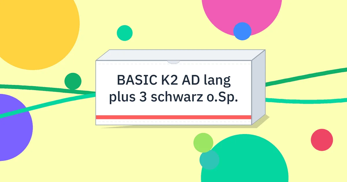 Symbolbild: Packung mit der Aufschrift BASIC K2 AD lang plus 3 schwarz o.Sp. (PZN 20264327) – Verfügbarkeit und Bezug in Apotheken in Frankfurt am Main