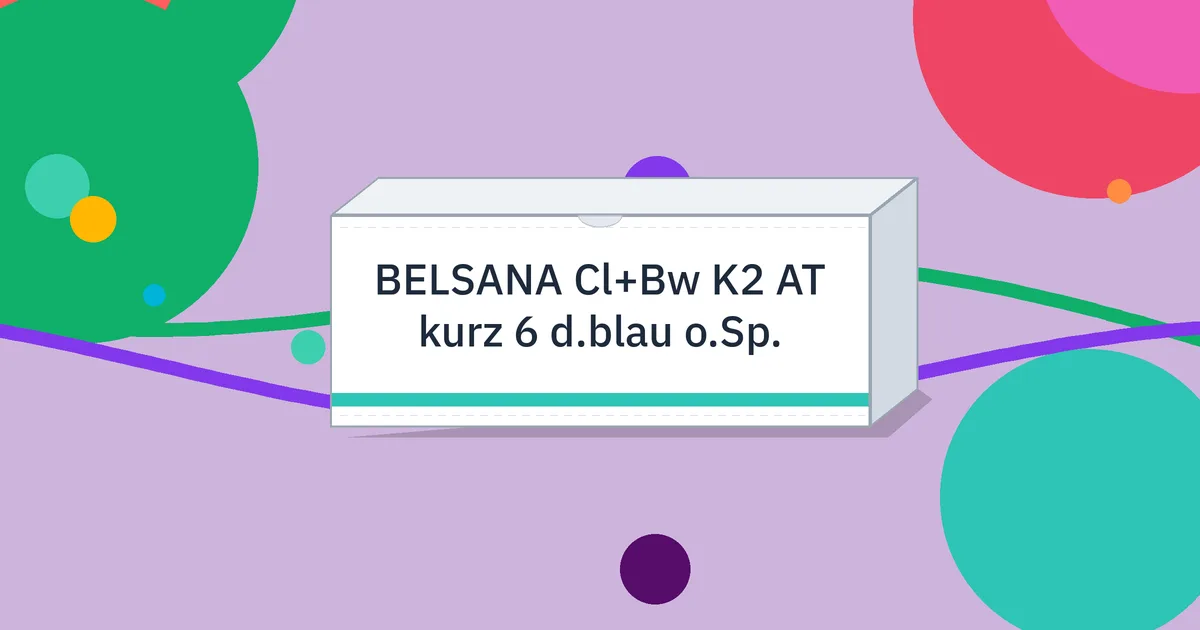Symbolbild: Packung mit der Aufschrift BELSANA Cl+Bw K2 AT kurz 6 d.blau o.Sp. (PZN 15628081) – Verfügbarkeit und Bezug in Apotheken in Frankfurt am Main