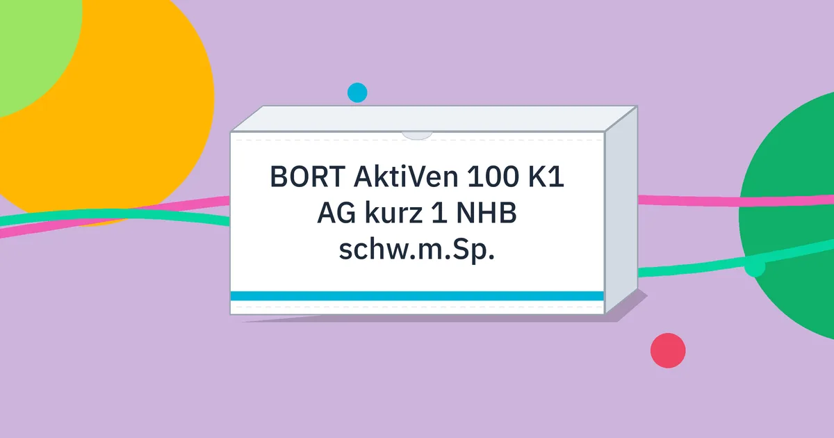Symbolbild: Packung mit der Aufschrift BORT AktiVen 100 K1 AG kurz 1 NHB schw.m.Sp. (PZN 14388373) – Verfügbarkeit und Bezug in Apotheken in Frankfurt am Main