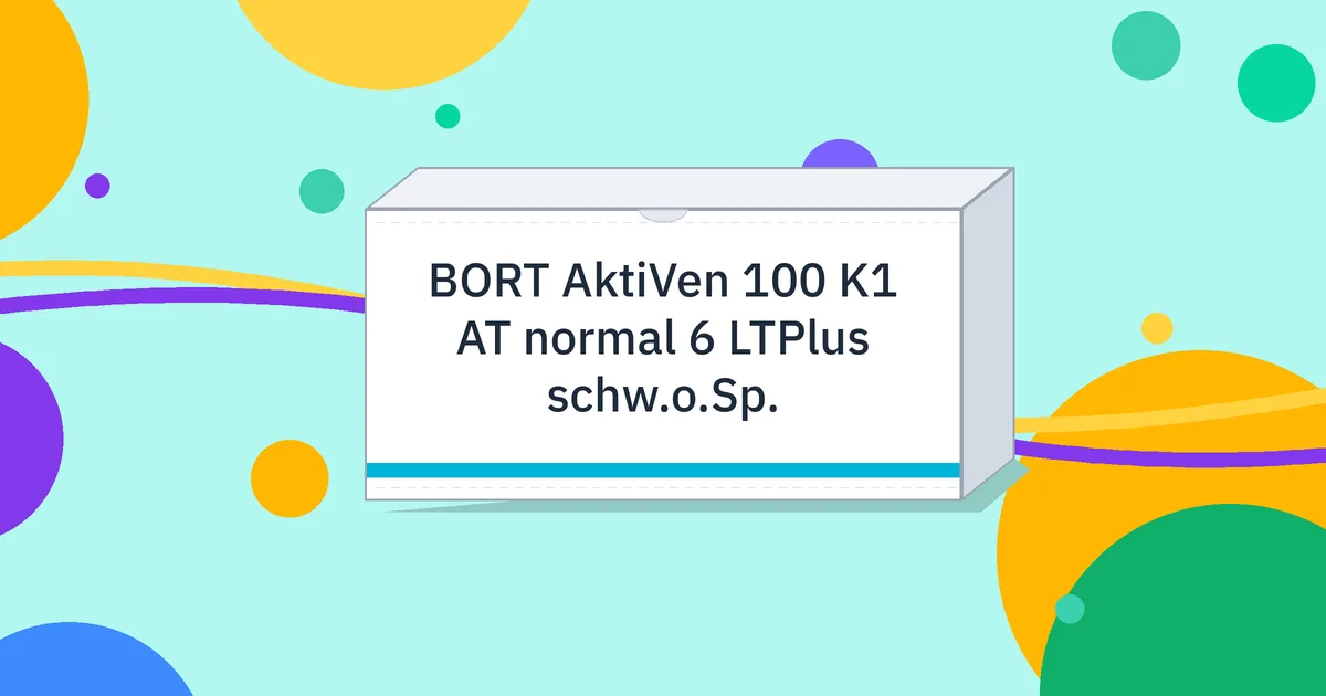 Symbolbild: Packung mit der Aufschrift BORT AktiVen 100 K1 AT normal 6 LTPlus schw.o.Sp. (PZN 18175740) – Verfügbarkeit und Bezug in Apotheken in Frankfurt am Main