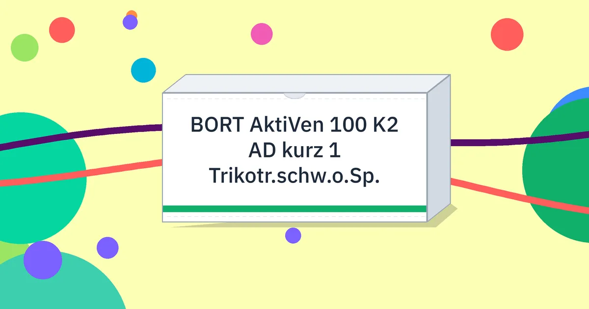 Symbolbild: Packung mit der Aufschrift BORT AktiVen 100 K2 AD kurz 1 Trikotr.schw.o.Sp. (PZN 14386606) – Verfügbarkeit und Bezug in Apotheken in Frankfurt am Main