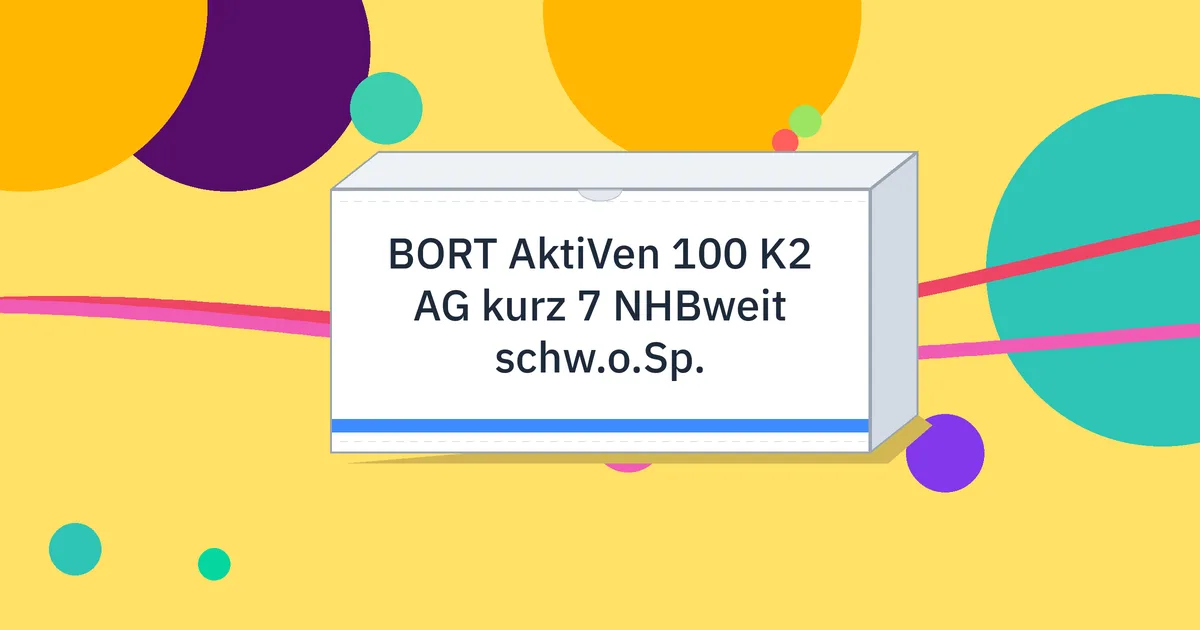 Symbolbild: Packung mit der Aufschrift BORT AktiVen 100 K2 AG kurz 7 NHBweit schw.o.Sp. (PZN 14387511) – Verfügbarkeit und Bezug in Apotheken in Frankfurt am Main