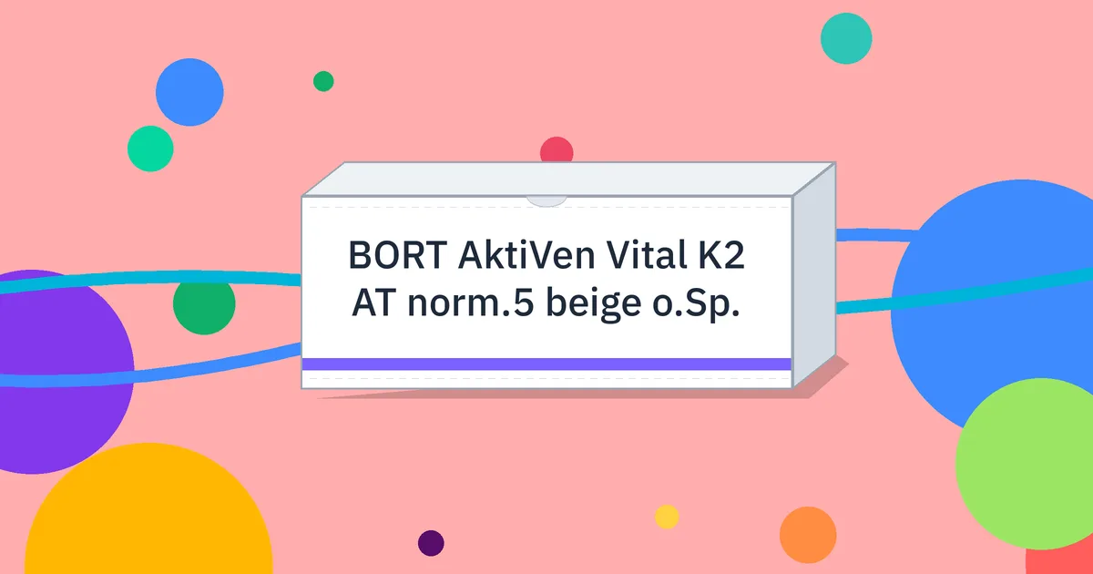 Symbolbild: Packung mit der Aufschrift BORT AktiVen Vital K2 AT norm.5 beige o.Sp. (PZN 13738960) – Verfügbarkeit und Bezug in Apotheken in Frankfurt am Main
