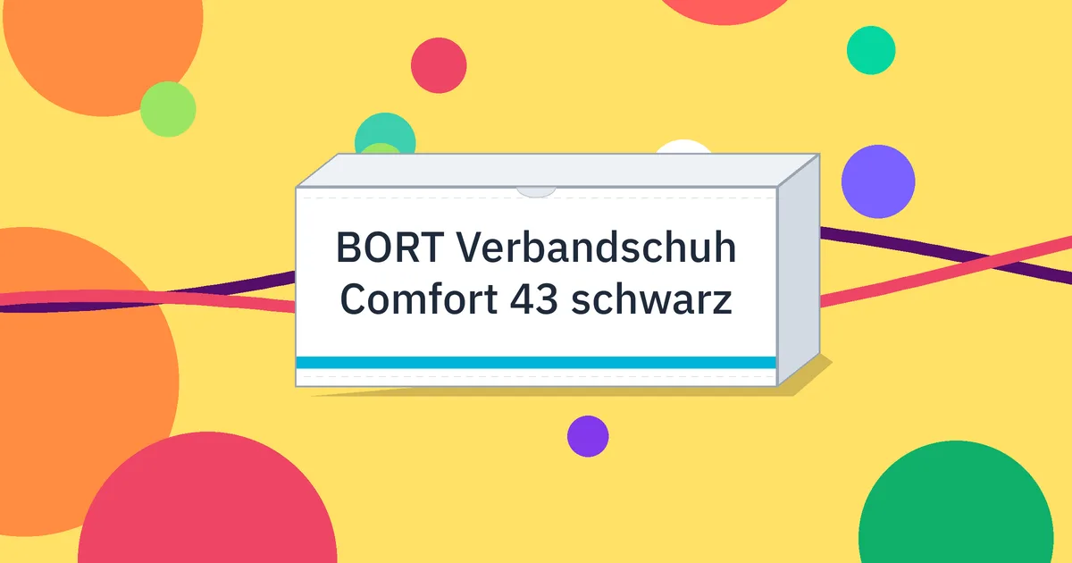 Symbolbild: Packung mit der Aufschrift BORT Verbandschuh Comfort 43 schwarz (PZN 02730895) – Verfügbarkeit und Bezug in Apotheken in Frankfurt am Main