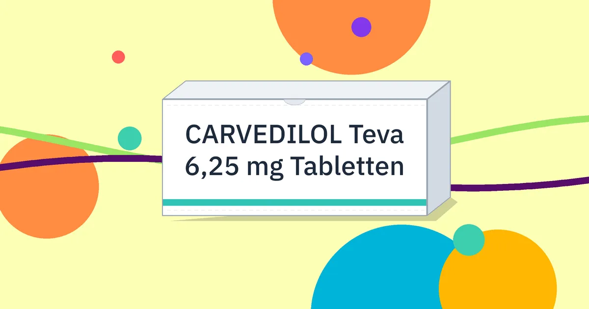 Symbolbild: Packung mit der Aufschrift CARVEDILOL Teva 6,25 mg Tabletten (PZN 01021659) – Verfügbarkeit und Bezug in Apotheken in Frankfurt am Main