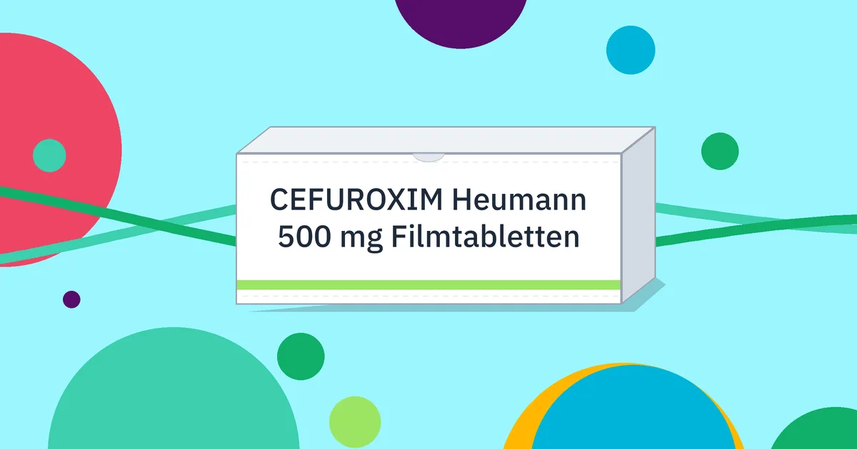 Symbolbild: Packung mit der Aufschrift CEFUROXIM Heumann 500 mg Filmtabletten (PZN 18471042) – Verfügbarkeit und Bezug in Apotheken in Frankfurt am Main