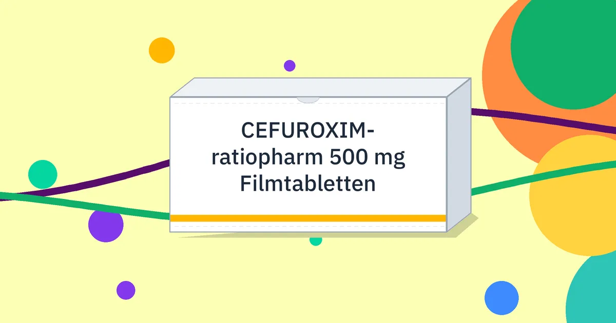 Symbolbild: Packung mit der Aufschrift CEFUROXIM-ratiopharm 500 mg Filmtabletten (PZN 01267024) – Verfügbarkeit und Bezug in Apotheken in Frankfurt am Main