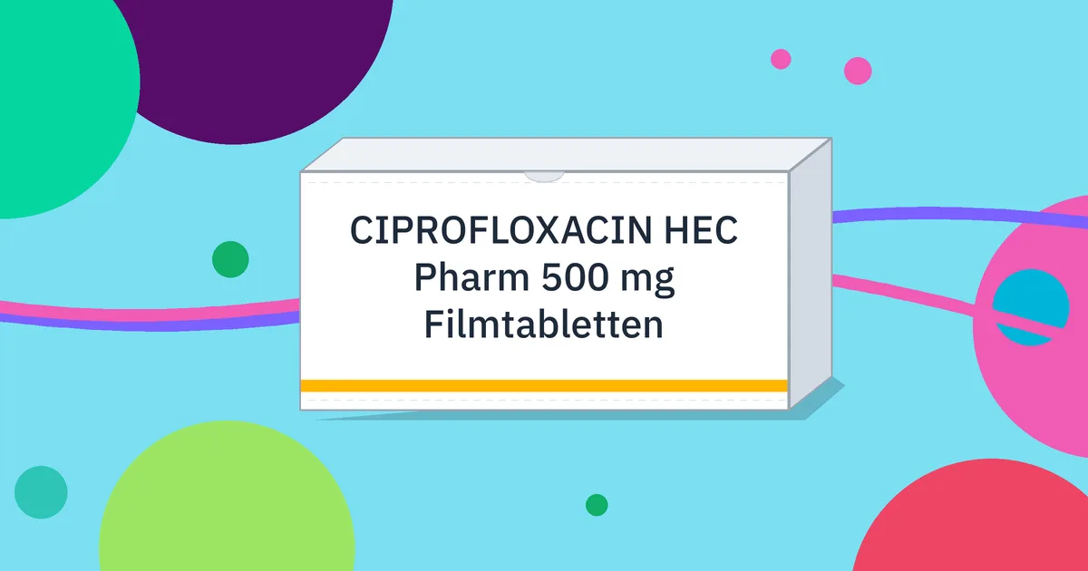 Symbolbild: Packung mit der Aufschrift CIPROFLOXACIN HEC Pharm 500 mg Filmtabletten (PZN 10410816) – Verfügbarkeit und Bezug in Apotheken in Frankfurt am Main